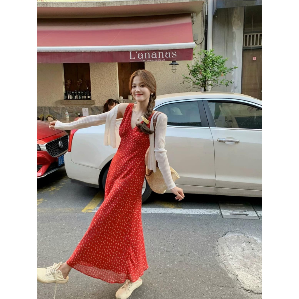 Mogwany พร้อมส่ง L Bianca Red Dress เดรสยาวสีแดงลายดอกไม้ น่ารักมาก ผ้า ...