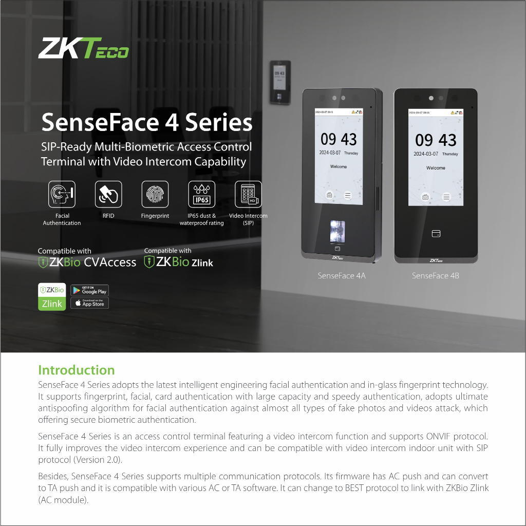 ZKTeco SenseFace 4A WiFi กันน้ำ สแกนใบหน้า นิ้ว บัตร บันทึกเวลาทำงาน เปิดประตู แทน MiniAC Plus ...