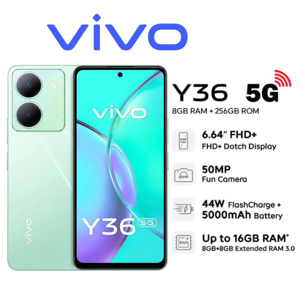 Vivo Y36 5G สมาร์น, RAM 8GB + ROM 256GB, หน้าจอ 6.64 นิ้ว, แเตอรี่ ทนทาน, กล้อง 50MP, ของแท้ ...