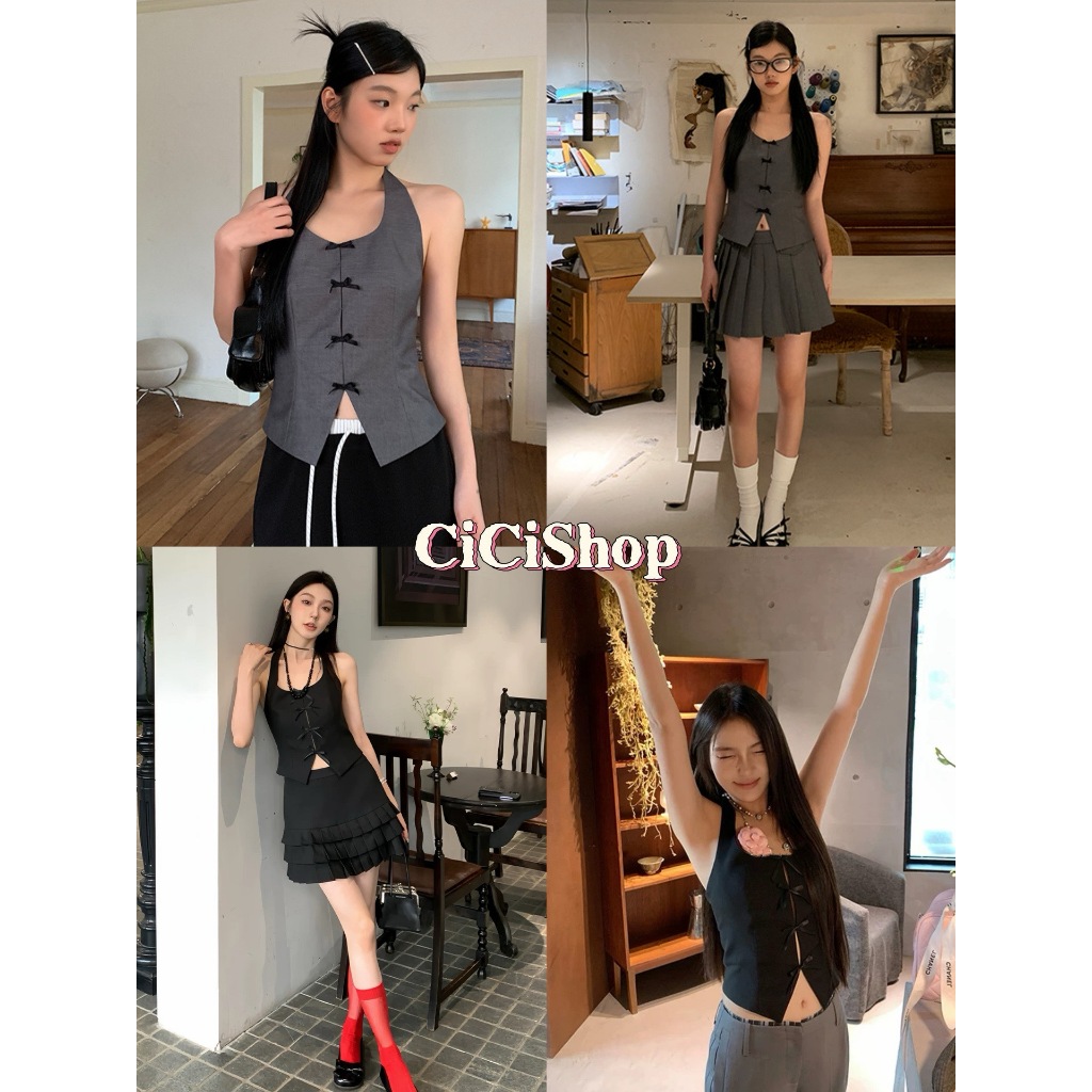 Cicishop(3333)เสื้อคล้องคอแขนกุดแต่ง detail โบว์ด้านหน้า ผ้าสูท สวยหรูดูแพง | Shopee Thailand