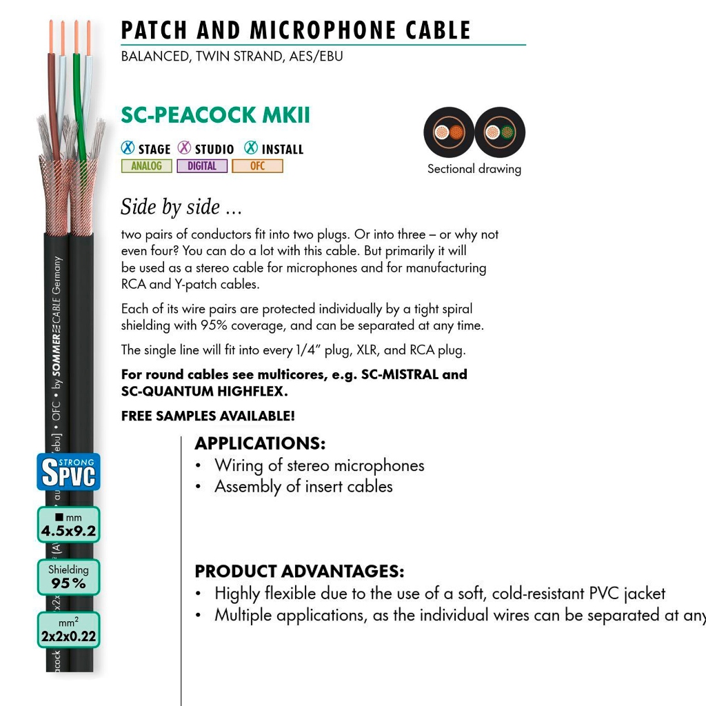 Wiring Cable Sommer SC-Peacock MKII OD 9.2 x 4.5 mm. 2 x 0.22 mm² ...