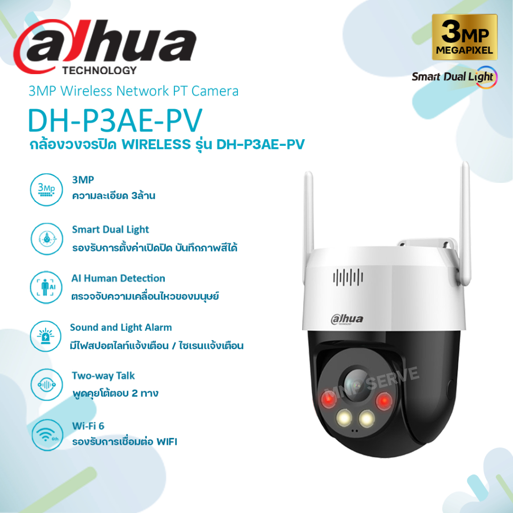 Dahua กล้องวงจรปิด รุ่น DH-P3AE-PV 3MP Wireless Network PT Camera เลนส์ฟิกซ์ สั่งหมุนได้ ...
