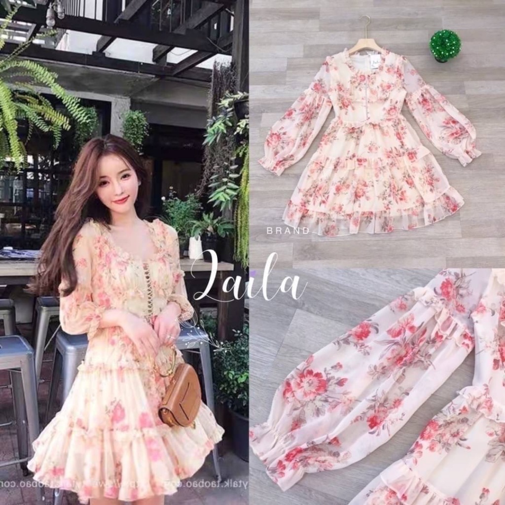 LAILA BRAND LL431 ชุดมินิเดรสแขนยาวผ้าชีฟอง พิมพ์ลายดอกไม้ | Shopee Thailand