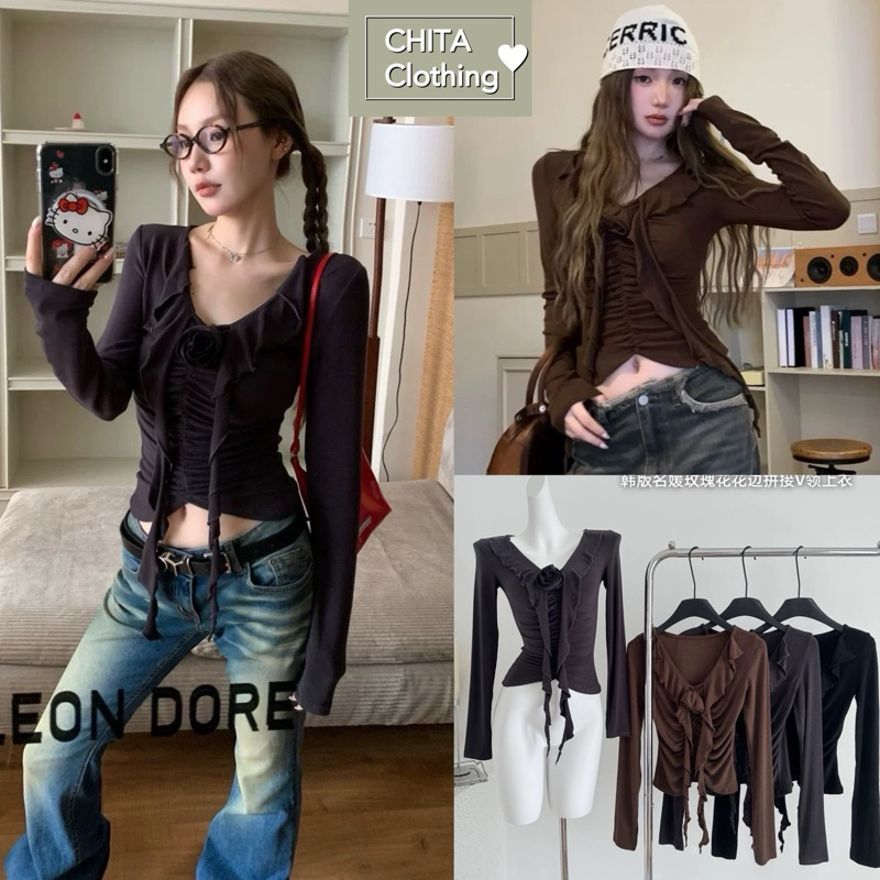 3982# เสื้อแขนยาวคอวี แต่งระบายช่วงอก เนื้อผ้ายืดหยุ่นได้TAG : SIMIDA | Shopee Thailand