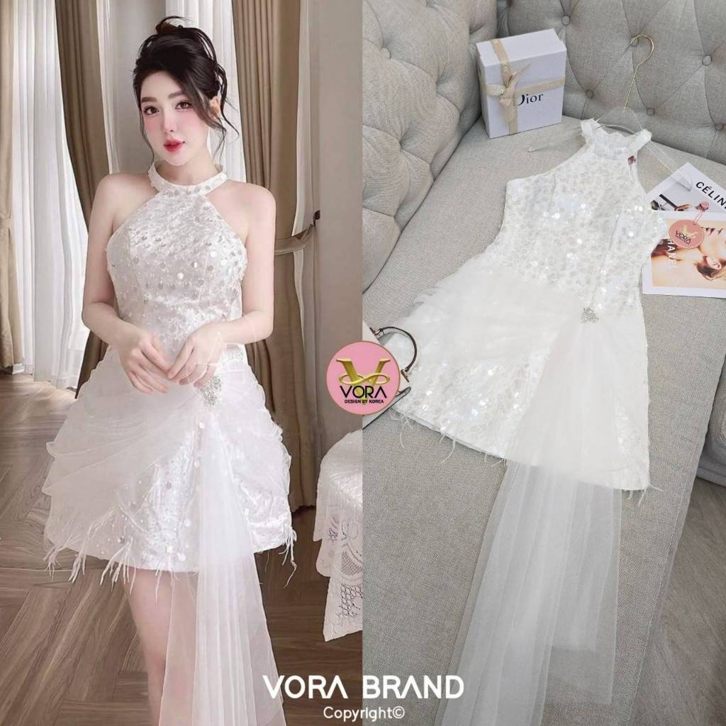 VORA Dress สั้น แขนกุดคล้องคอ เนื้อผ้าแต่งปักเลื่อมทั้งชุด | Shopee Thailand