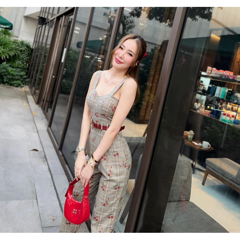 VG จั้มยาวสก้อตลายดอกแดงพร้อมเข็มขัด | Shopee Thailand