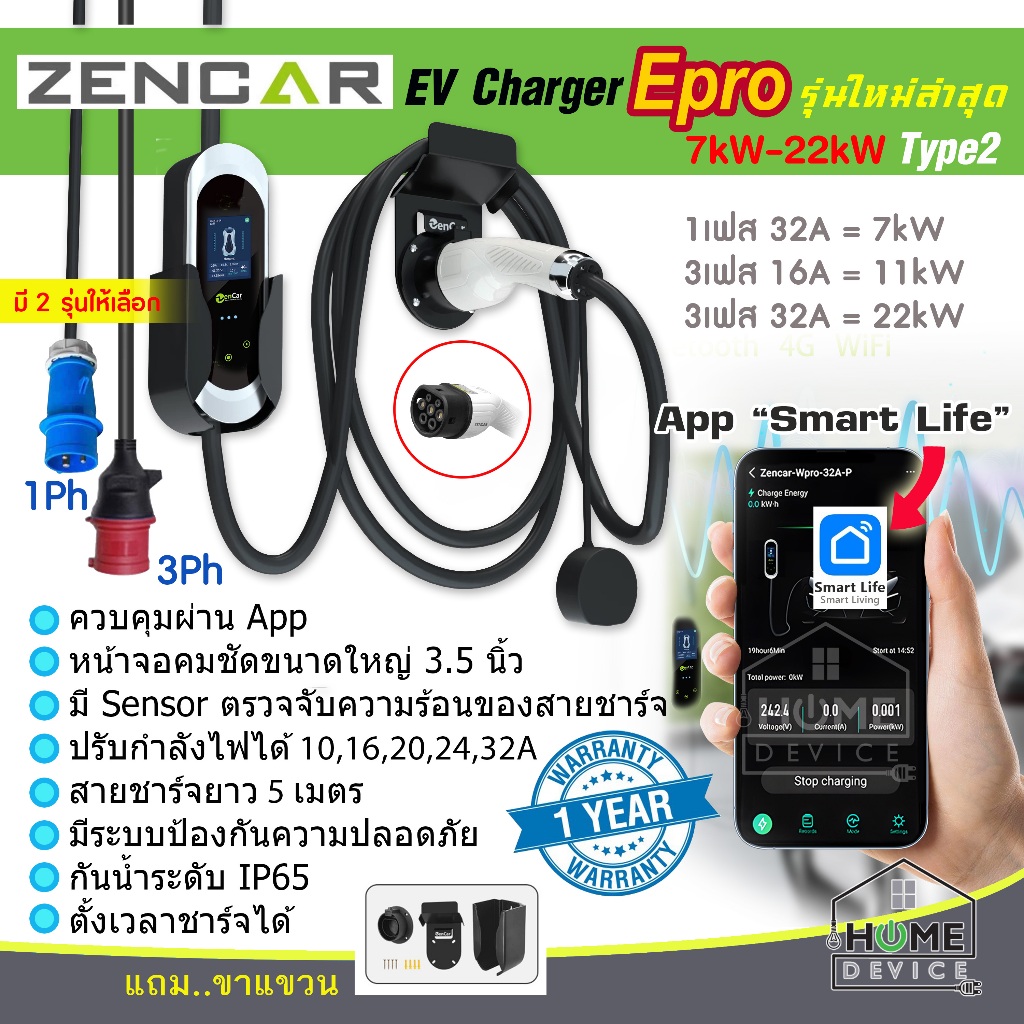ใหม่ล่าสุด Zencar EV Charger Epro Type 2 ปรับระดับไฟได้สูงสุด 7kW - 22kW ควบคุมผ่านแอปพิเคชันทาง ...