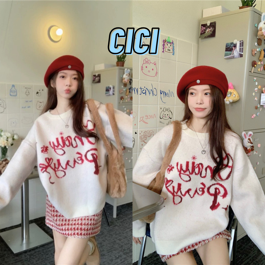 Cici(NO.ZB88201) เสื้อไหมพรมแขนยาวสเวตเอร์คอกลม ปักลายตัวอักษรสุดคิ้วท์ | Shopee Thailand