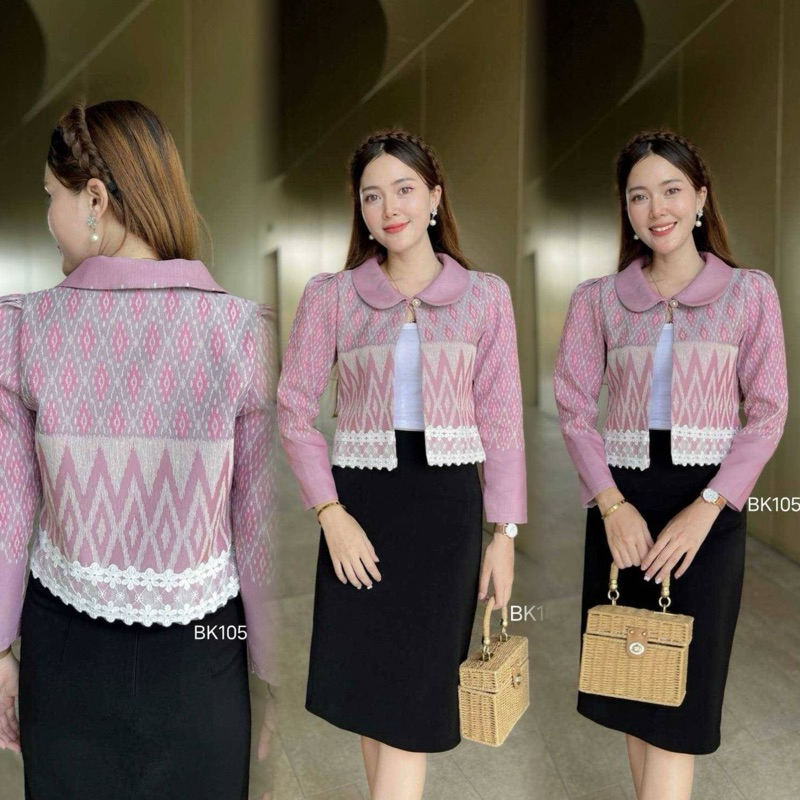 BK105 เสื้อคลุมผ้าไทย คอบัว ผ้าฝ้ายทอ ลายมัดหมี่ข้าวหลาม แต่งขอบผ้า ...