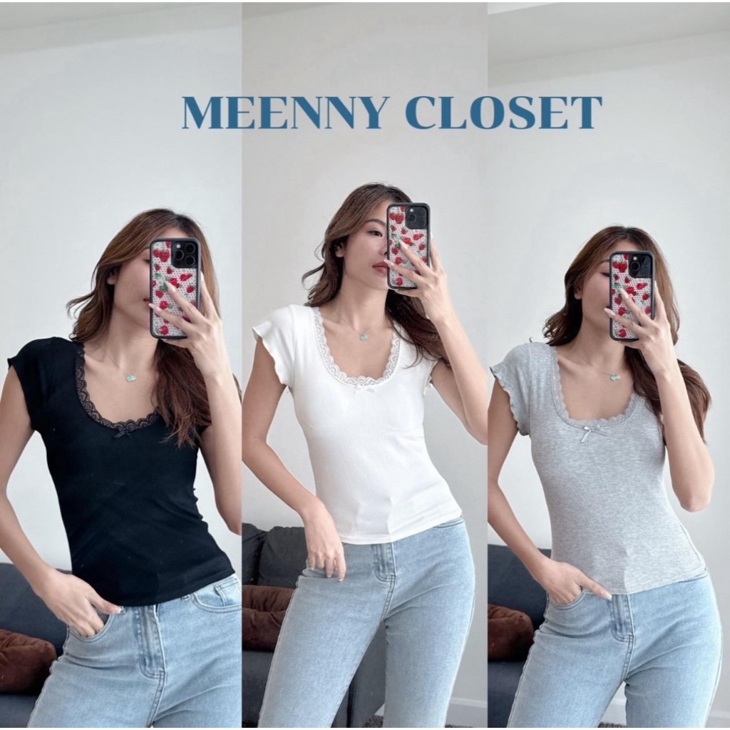 Meenny EE8 เสื้อยืดผ้านิ่มคอแต่งลูกไม้ | Shopee Thailand