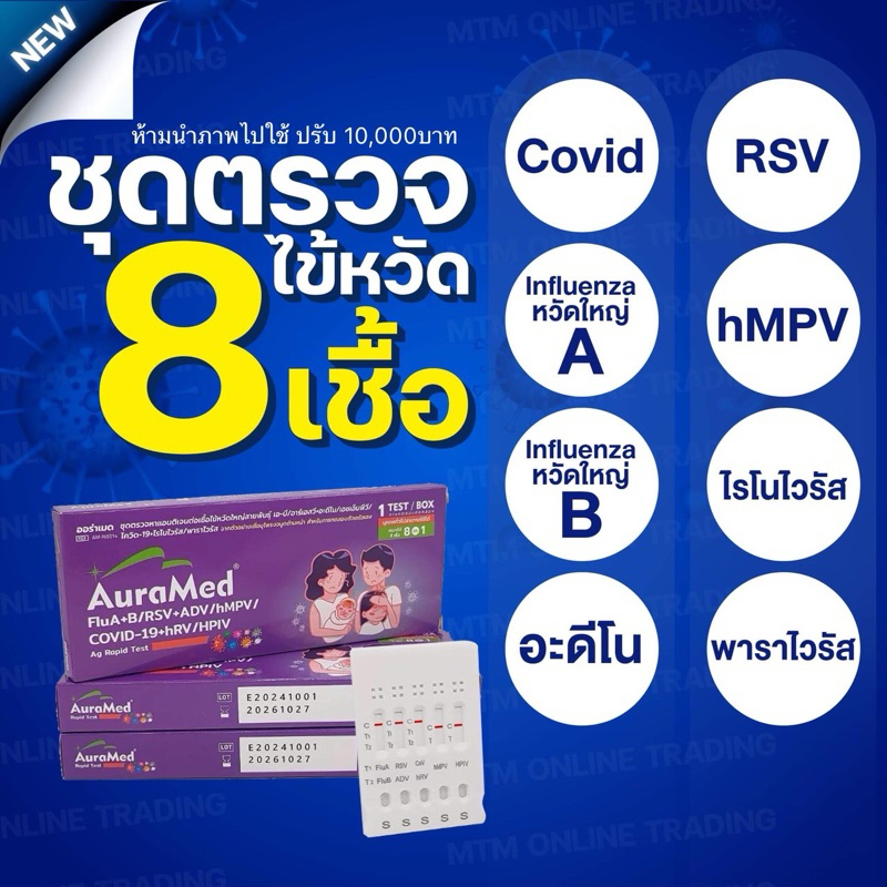 Auramed ตรวจไข้หวัด 8 สายพันธุ์ [1กล่อง] ไรโนไวนัส RSV หวัดใหญ่ab อะดีโน hMPV พาราไวรัส Covid โค ...