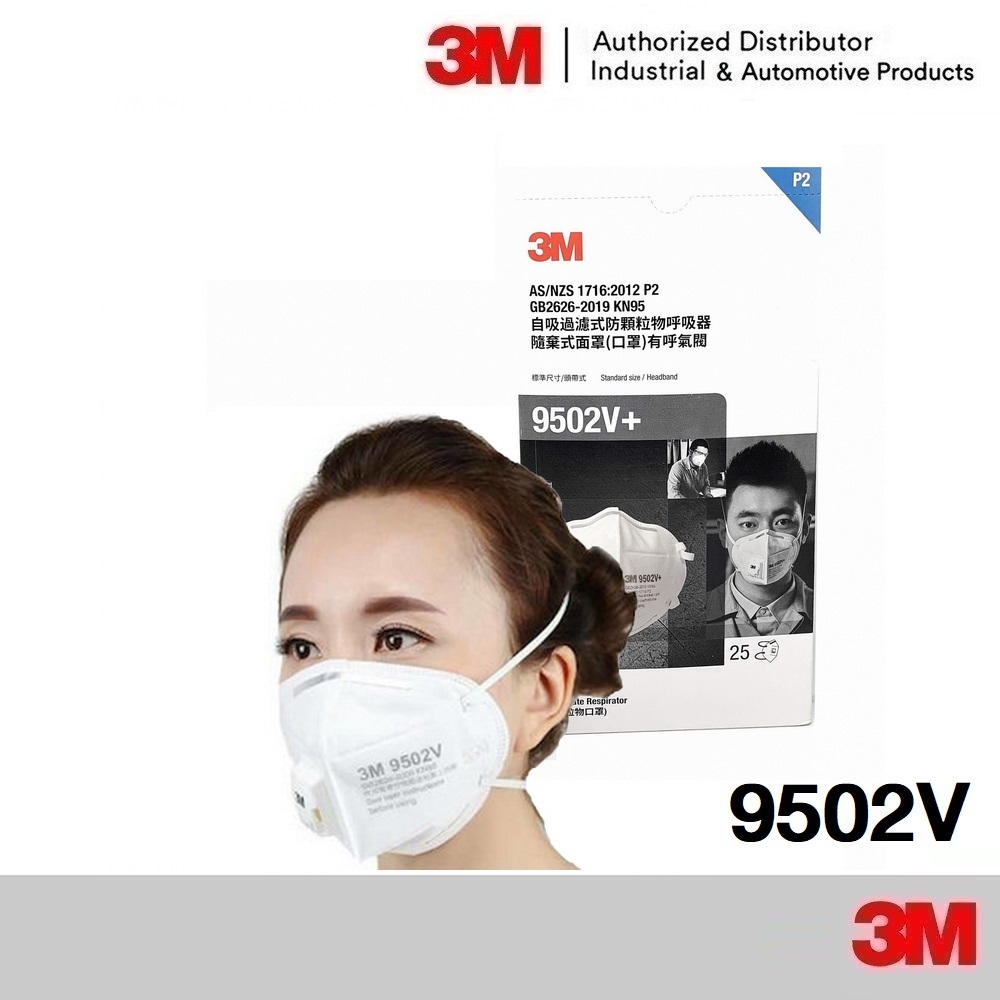 3M 9502V (แทน 9002V) 25pcs หน้ากากป้องกันฝุ่นละออง พับได้มีวาล์ว ระบายอากาศชนิดสายคล้องหัว ...