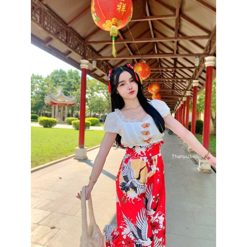 Phapassz - Setเสื้อแขนพองๆแต่งกระดุมกี่เพ้า น่ารักมาก กางเกงขายาว ลายจีน ทรงสวยใส่แล้วเพียวหุ่น ...