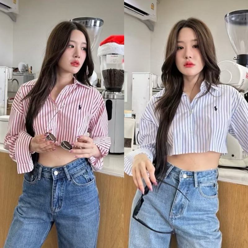 Alice♥︎ ⭐️แนะนำ⭐️ VALEN BASIC STORE RL POLO CROP SHIRT เสื้อเชิ้ตแขนยาว โทนสีละมุน ปักโลโก้ ...