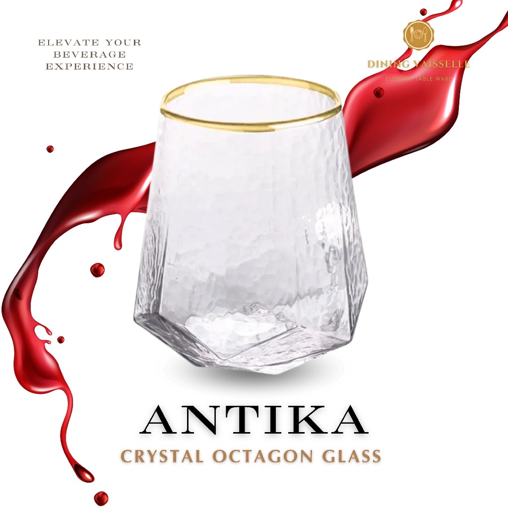 Dining Vaisselle แก้วน้ำขอบทอง ทรงแปดเหลี่ยม หรูหรา Antika Crystal Octagon Glass with Gold rim ...