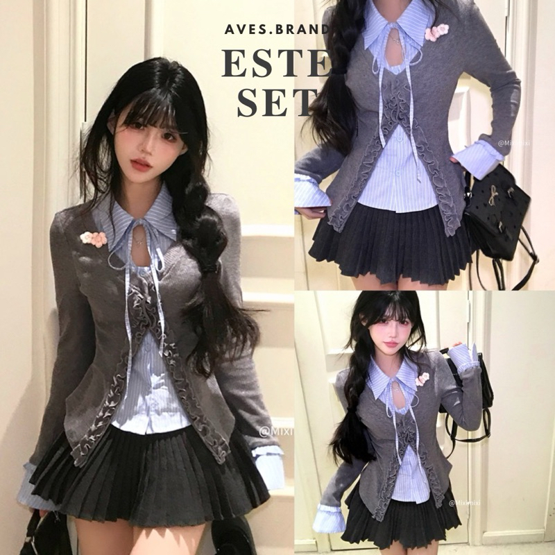 AVES.BRAND ESTE SET ชุดเซ็ตเสื้อกระโปรงพลีท ไหมพรมแต่งคอปก | Shopee ...