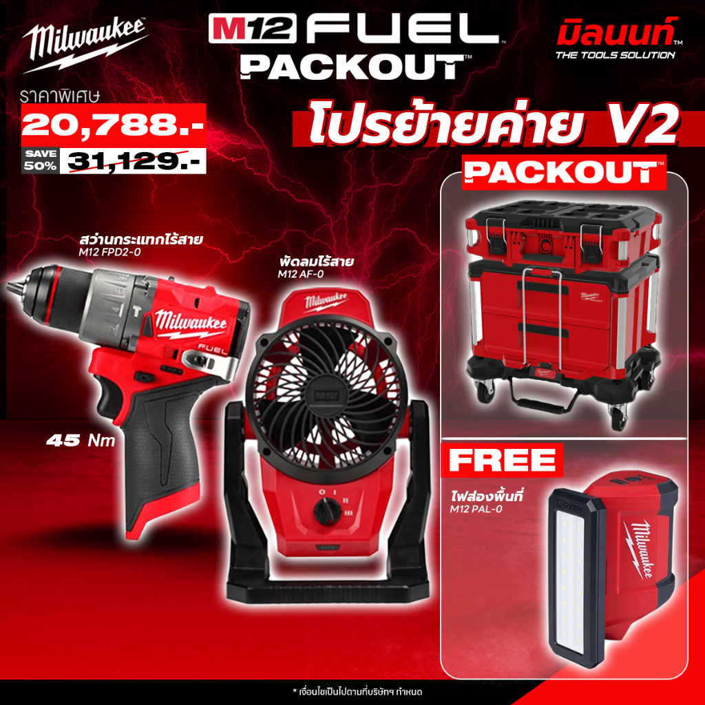 Milwaukee - โปรย้ายค่ายV2 M12 AF-0 พัดลมไร้สาย 12 โวลต์ + สว่านกระแทก ...