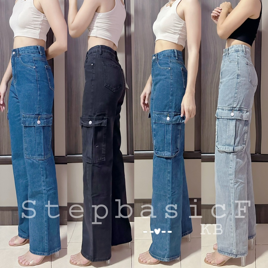 MAYGAN studio (S-2XL) กางเกงยีนส์ คาร์โก้ ทรงกระบอกกลาง ผ้าไม่ยืดแต่ ...