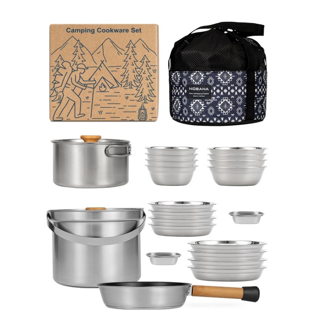 ์Nobana ชุดเครื่องครัวสแตนเลส 304 พร้อมกระเป๋าจัดเก็บ แบบพกพา เหมาะสำหรับทําอาหารตั้งแคมป์ปิคนิค ...