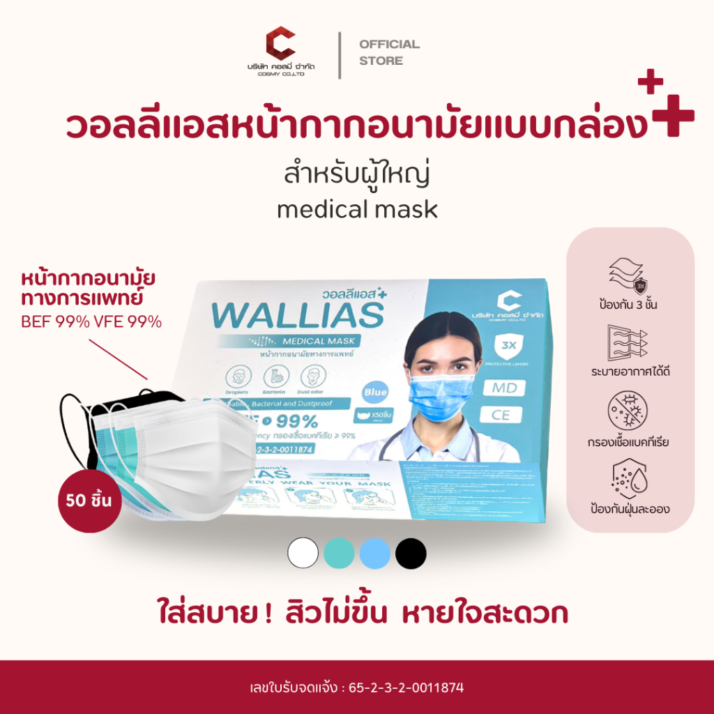 Wallias หน้ากากอนามัย [แบบซองและแบบกล่อง] ยี่ห้อWALLIAS หนา 3 ชั้นป้องกันได้ถึง 98% | Shopee ...
