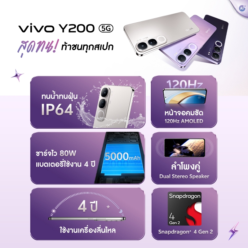 vivo Y200 5G 8+256GB, 12+512GB | CPU Snapdragon4Gen 2 ทนน้ำทนฝุ่น IP64 ชาร์จไว 80W+5000mAh + AI ...