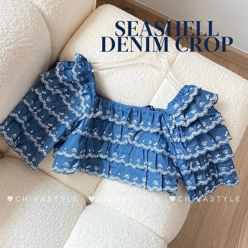 -𝐂𝐡𝐢𝐯𝐚- พร้อมส่ง‼️ Seashell Denim Crop | เสื้อยีนส์ทรงครอป ปักลายเปลือก ...