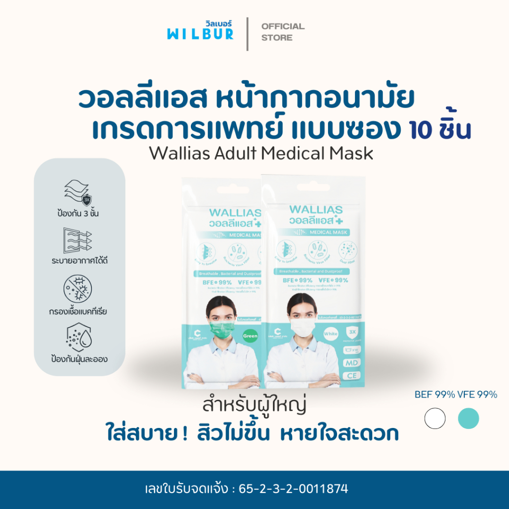 [แบบซอง 10 ชิ้น] Wallias หน้ากากอนามัย หนา 3 ชั้น ใส่สบาย ป้องกันฝุ่น PM2.5 สายนุ่ม ไม่เจ็บหู ...