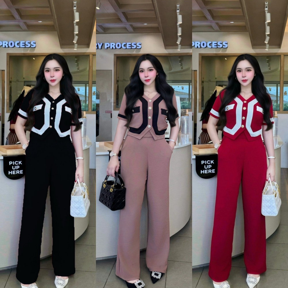 พร้อมส่ง ชุดเซตยาวผ้าวูลเวฟทรูโทน เสื้อทรงสูทแต่งกระเป๋าหน้ากระดุมหน้า+กางเกงเอวเรียบสม็อคหลังมี ...