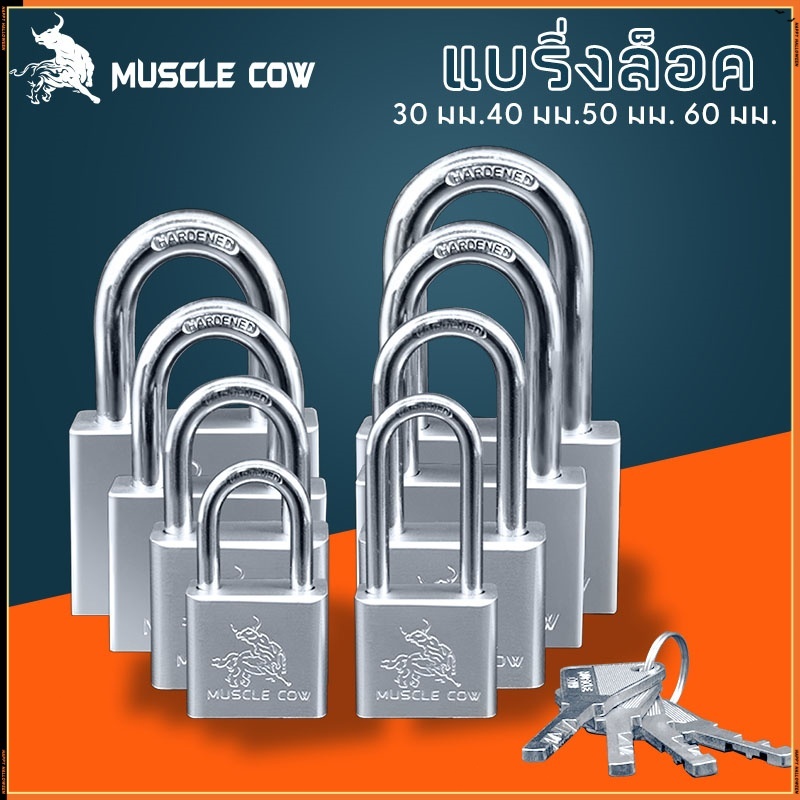 MUSCLE COW แม่กุญแจล็อค กุญแจ พร้อมลูกกุญแจ 3 ดอก สีเงิน 30mm 40mm 50mm ...