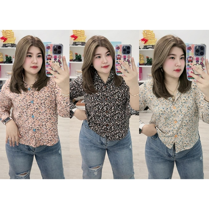 K102 เชิ้ตคอปกแขนยาวลายดอกมะลิ มี3อก | Shopee Thailand