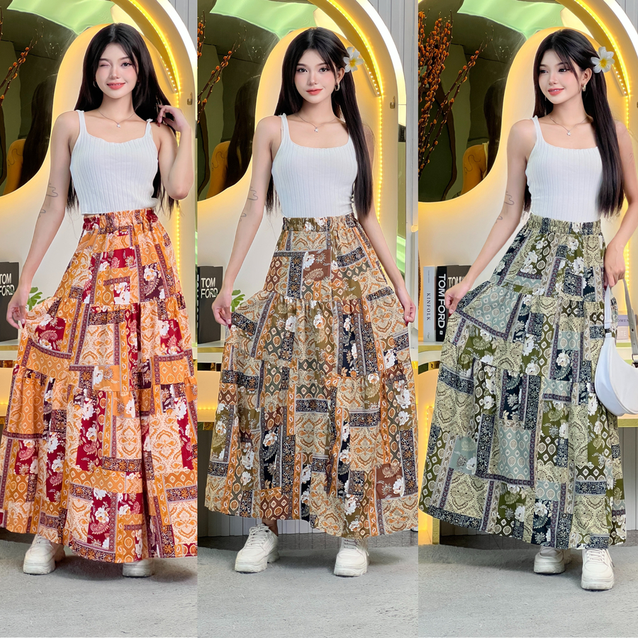 K9195 เสื้อผ้าผู้หญิง กระโปรงยาวสไตล์โบฮีเมียน ผลิตจาก เนื้อผ้าไหมแท้ของอิตาลี มีคุณสมบัติ ...