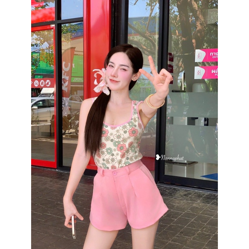 #Nannaphat ชุดเซ็ทลายดอกน่ารักมากกก กุ้นขอบชมพูวว แมทด้วยกางเกงทรงบาบี้ สีชมพู น่ารัก | Shopee ...