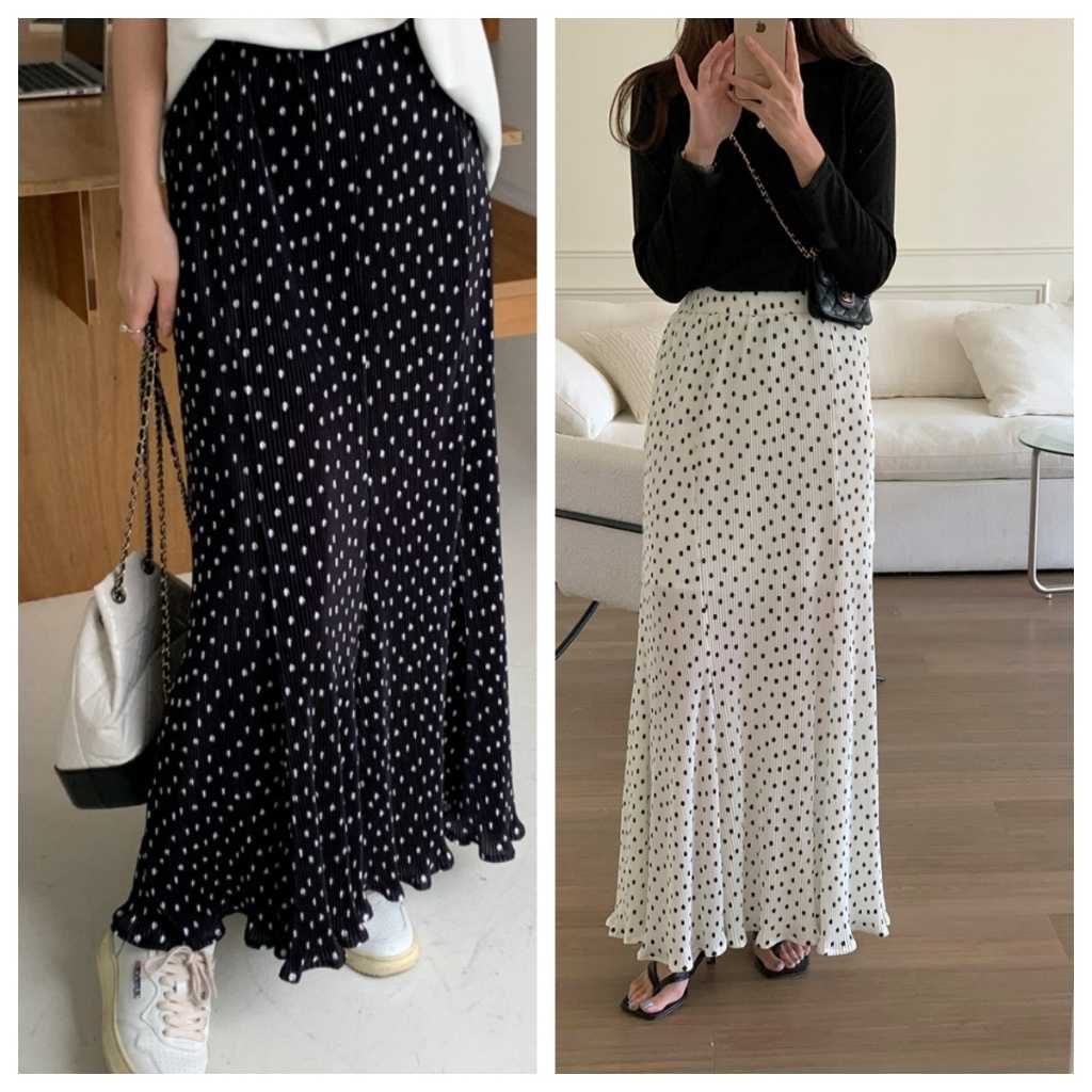 GHAOHES กระโปรงฤดูร้อน Midi ลายจุด เอวสูง ดูผอม ทางเอ คลุมสะโพก หางปลา มีซับใน (B2002) | Shopee ...