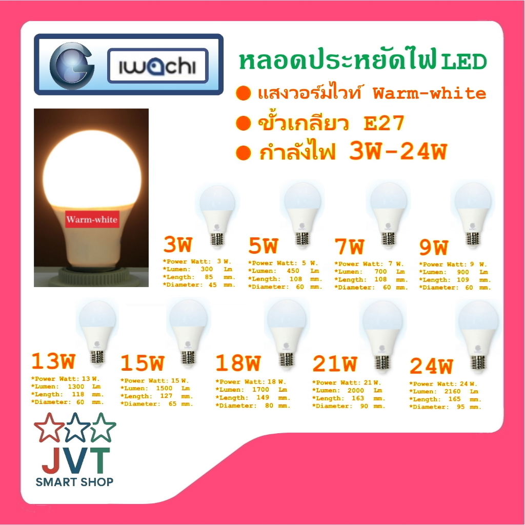 หลอดไฟปิงปอง LED IWACHI ขั้ว E27 แสงเหลือง Warm White 3W 5W 7W 9W 13W 15W 18W 21W 25W | Shopee ...