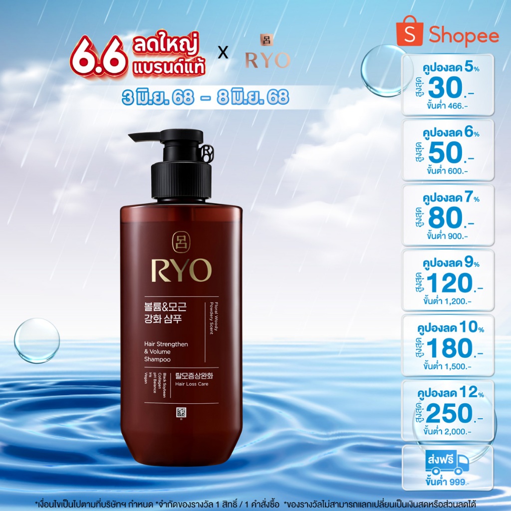 RYO Hair Strengthener & Volume Shampoo 480ml เรียว แชมพู ฟองโฟมนุ่มและเข้มข้น สำหรับทำความสะอาด ...