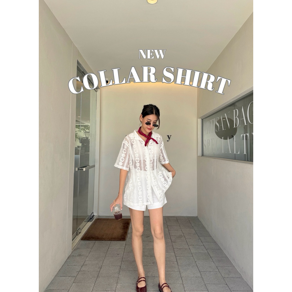 19JAN.STUDIO : COLLAR SHIRT เสื้อเชิ้ตลูกไม้ทรงโอเวอร์ไซส์ ยาวปิดสะโพก ...