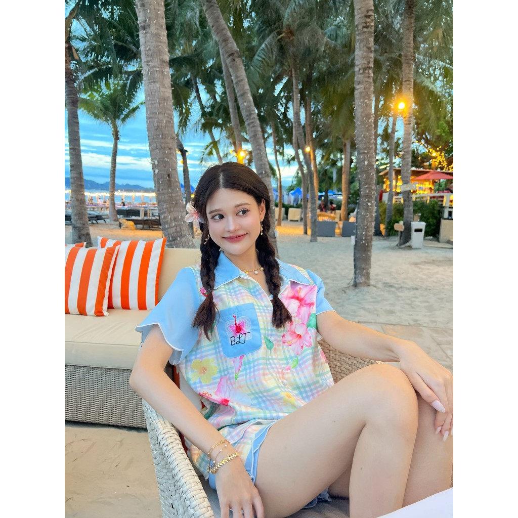 C529 BELLITA BRAND ชุดเซ็ท 2 ชิ้น เสื้อ+กระโปรงกางเกง สีฟ้า ชุดเที่ยวทะเล คาเฟ่ | Shopee Thailand