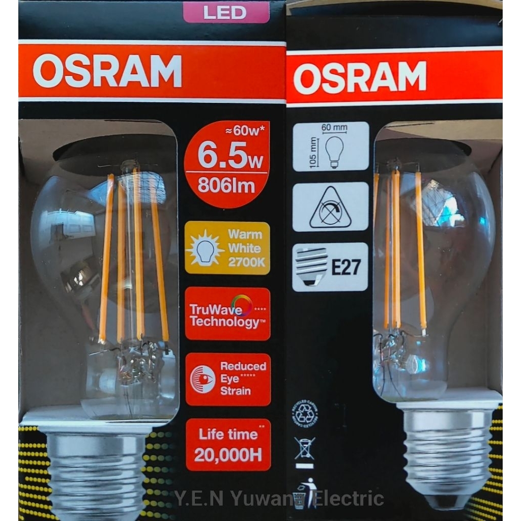 Osram หลอดแอลอีดี ฟิลาเมนต์ รุ่น LV CLA 6.5วัตต์ 827/E27(หรี่ไฟไม่ได้) | Shopee Thailand