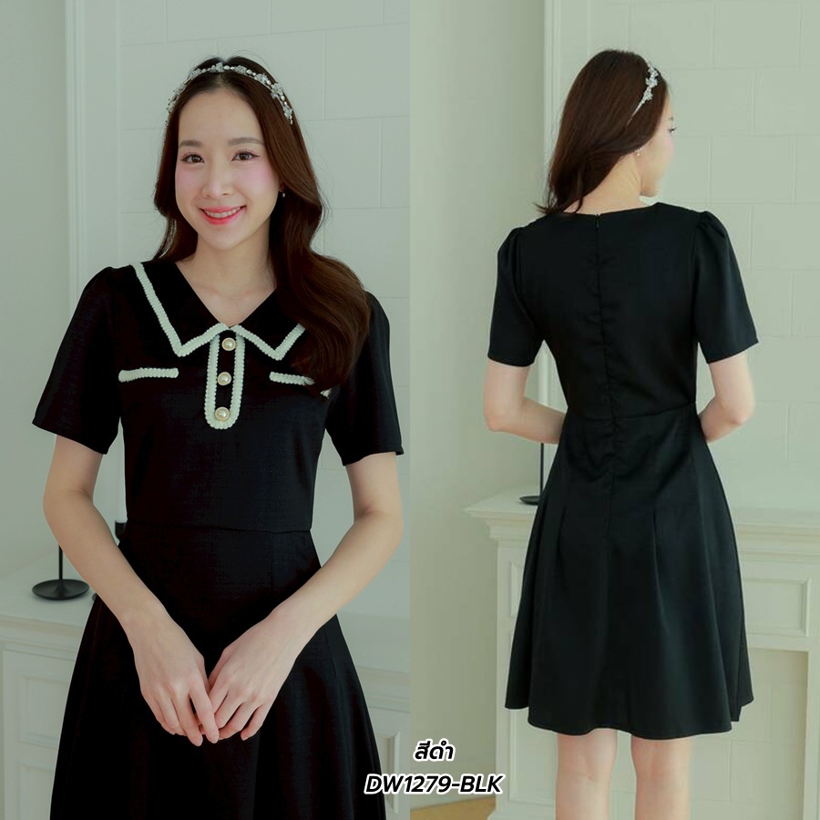 S-2XL | เดรสสีพื้นคอปก อกแต่งกระดุม กระโปรงแต่งจีบ มีซับใน สีดำ D1279 ...