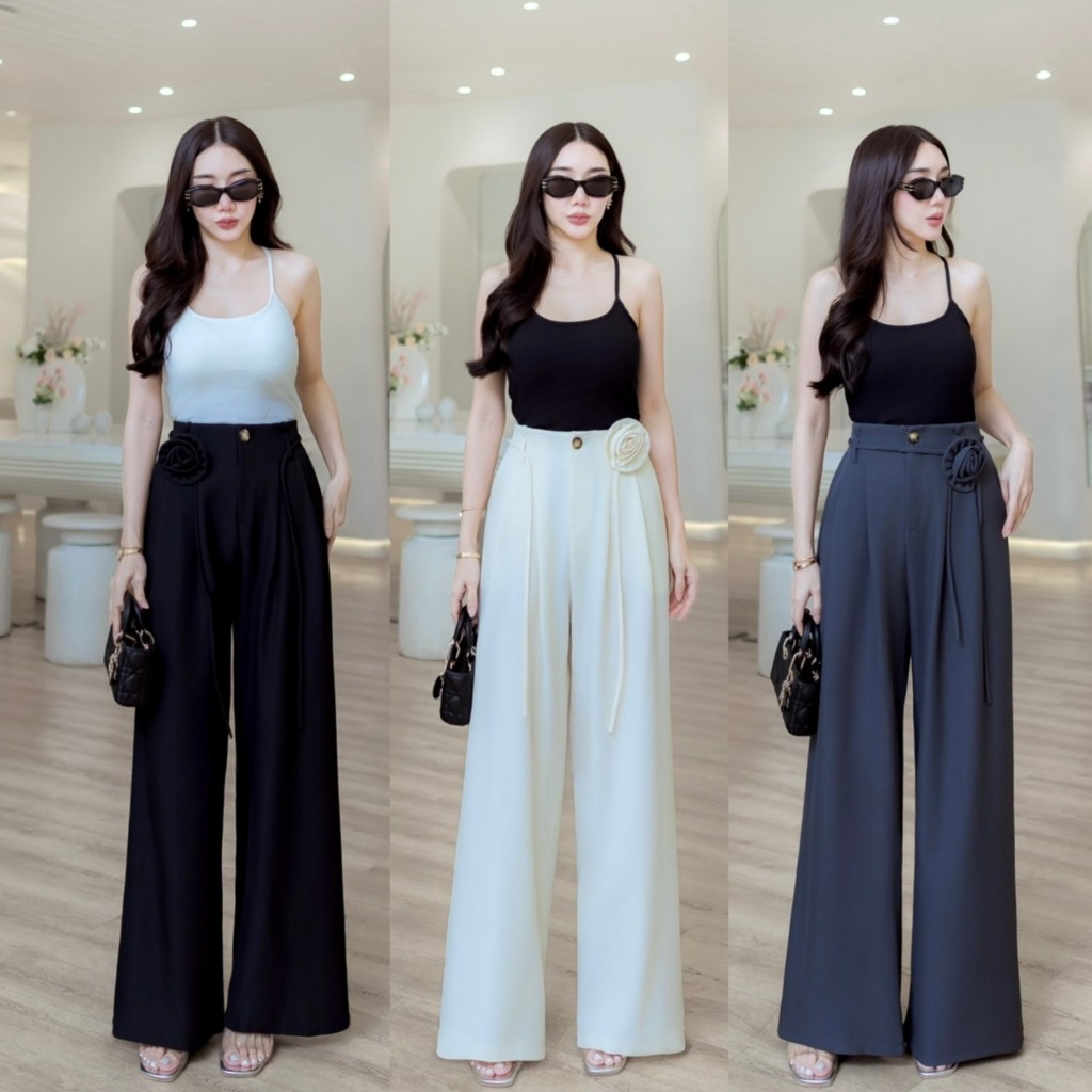 P1429 PrimmmStory กางเกงขายาวเอวสูง ดีเทลมาพร้อมสายดอกไม้ | Shopee Thailand