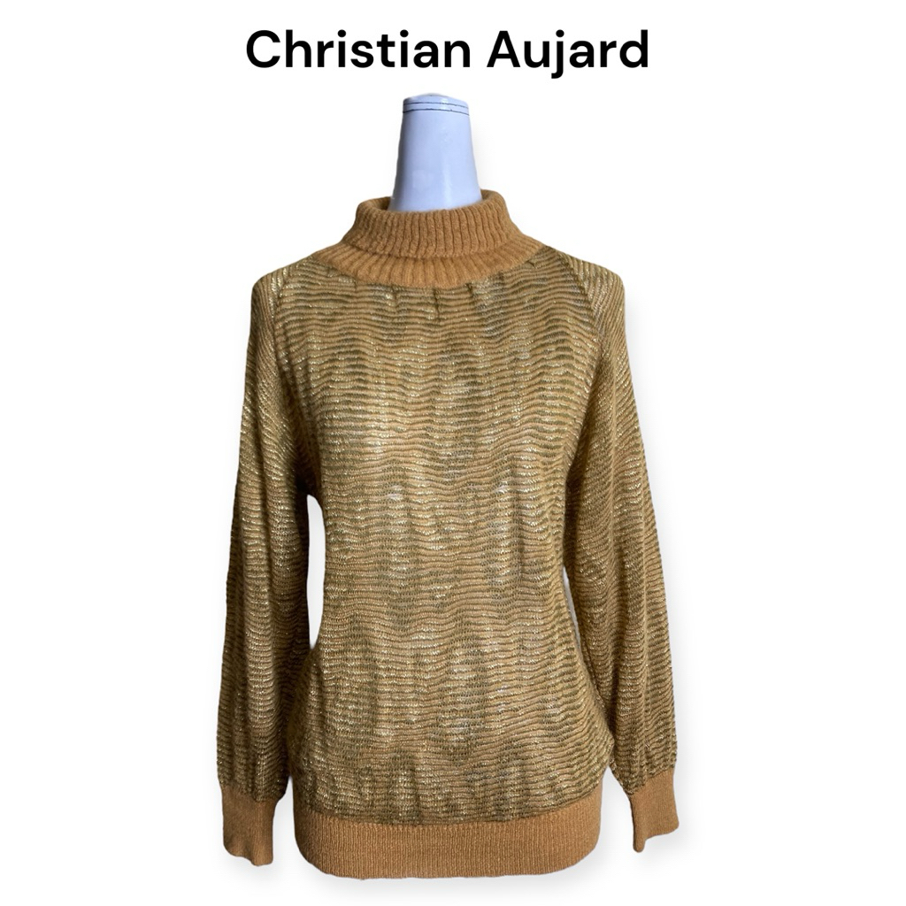 Christian Aujard เสื้อสเวตเตอร์คอปีนสีน้ำตาลทองลายคลื่นผสมดิ้นทอง ...