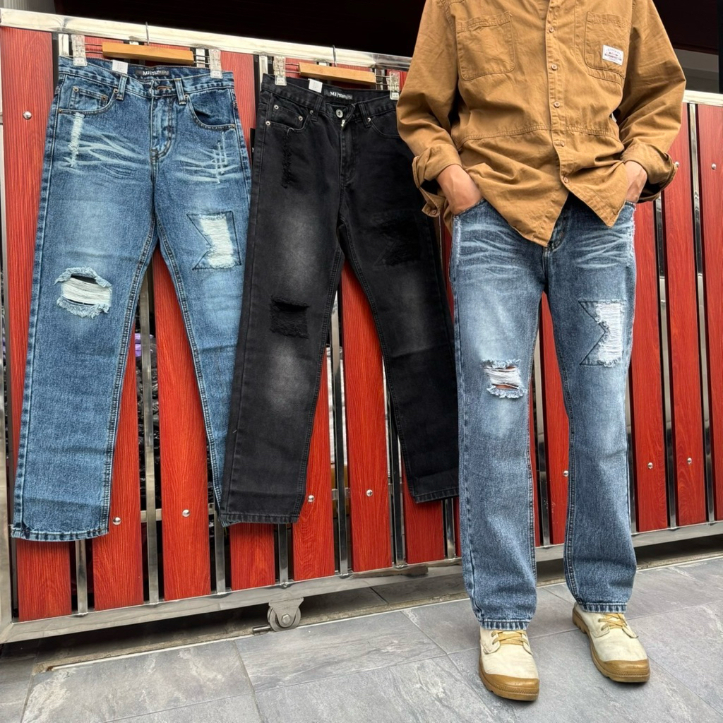 MJ Jeansกางเกงยีนส์ทรงกระบอกกลางแต่งเซอร์ | Shopee Thailand