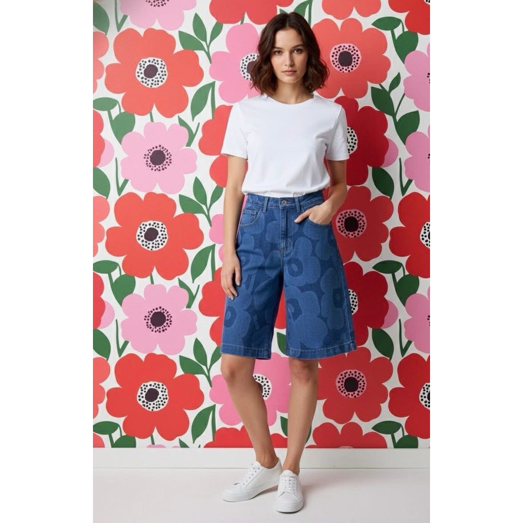 Marimekko denim jeans กางเกงยีนส์เอวสูงทรงจอร์จ ทอลายดอกในตัว | Shopee ...