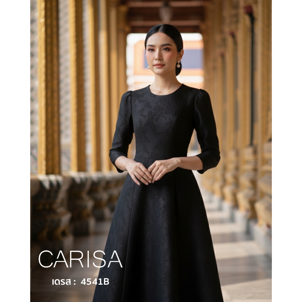 [4541B] ชุดเดรสสีดำกระโปรงบาน ผ้าแจ็คการ์ดทอลายนูนแบบพรีเมี่ยม คอกลม ...