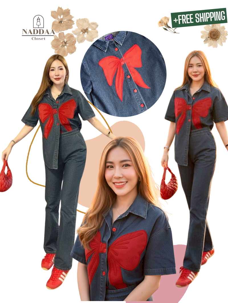 [ป้ายTag : CLT collection] เซ็ต2ชิ้น set ยีนส์ งานปักโบว์แดงอลังๆๆ ...