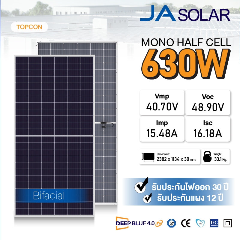 รวมส่ง* JA Solar แผงโซล่าเซลล์ 630W N-Type TOPCon Bifacial Mono Half ...