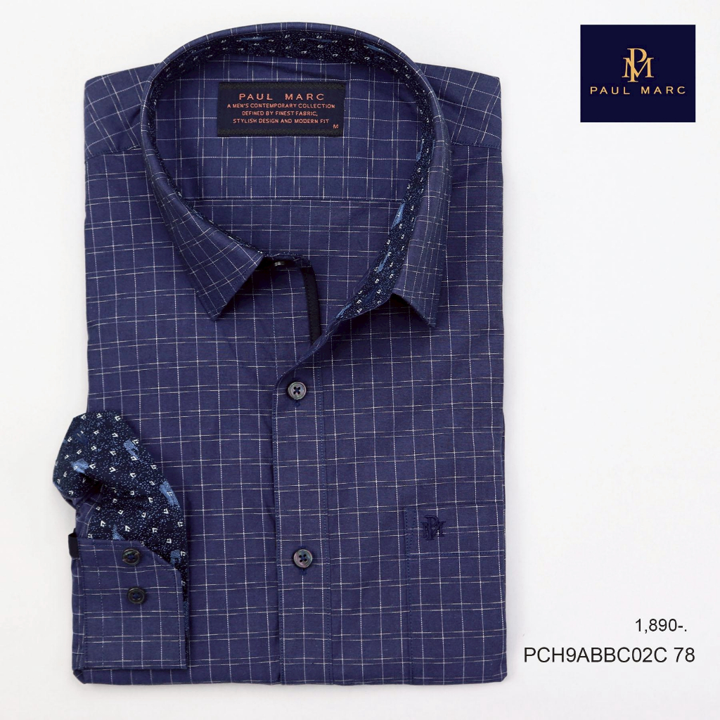 PAUL MARC เสื้อเชิ้ตทำงานแขนยาว ทำงาน สีกรมท่า navy slim fit cotton ผ้า ...