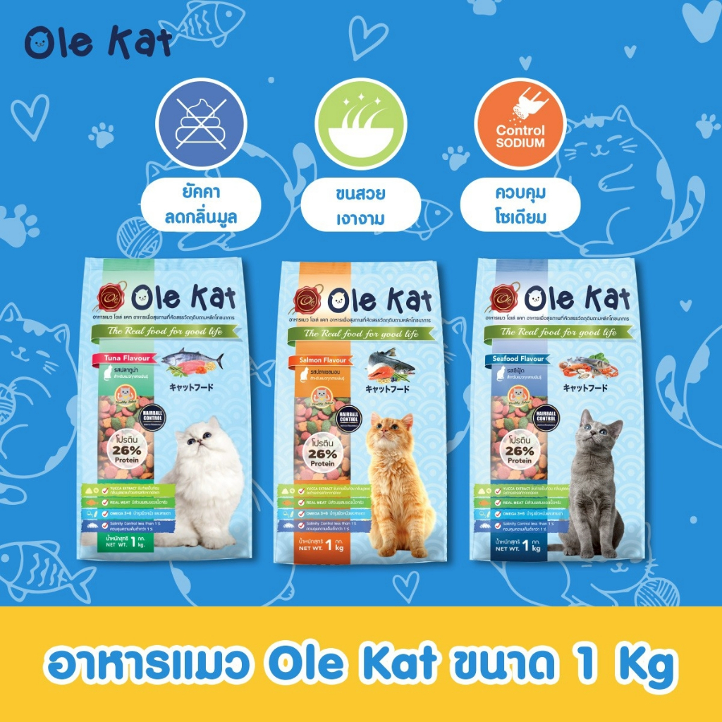 Ole Kat 3 Shape รสแซลมอน ขนาด1 kg. อาหารเม็ดสำหรับแมวอายุ 1 ปีขึ้นไปทุก ...
