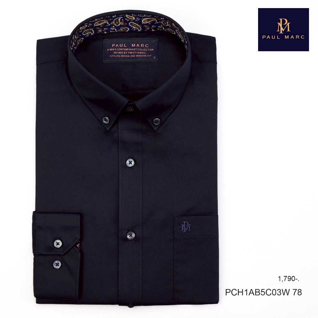 PAUL MARC เสื้อเชิ้ตสีกรมท่า signature twill ปก button down slim fit ...