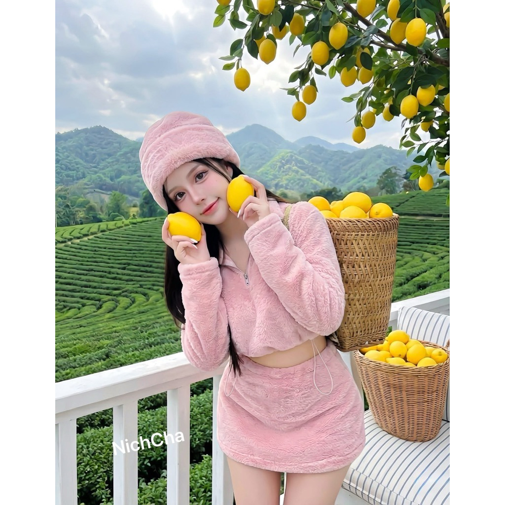 Phapassz - Set3ชิ้น เสื้อแขนยาวคอซิป ขอบเสื้อจั๊มยางปรับได้ กระโปรงสั้นซับกางเกง มีหมวก ผ้าขนปุย ...